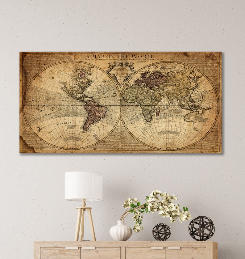 Vintage World Map Leather Print: Large Antique Style Wall Art - Etsy