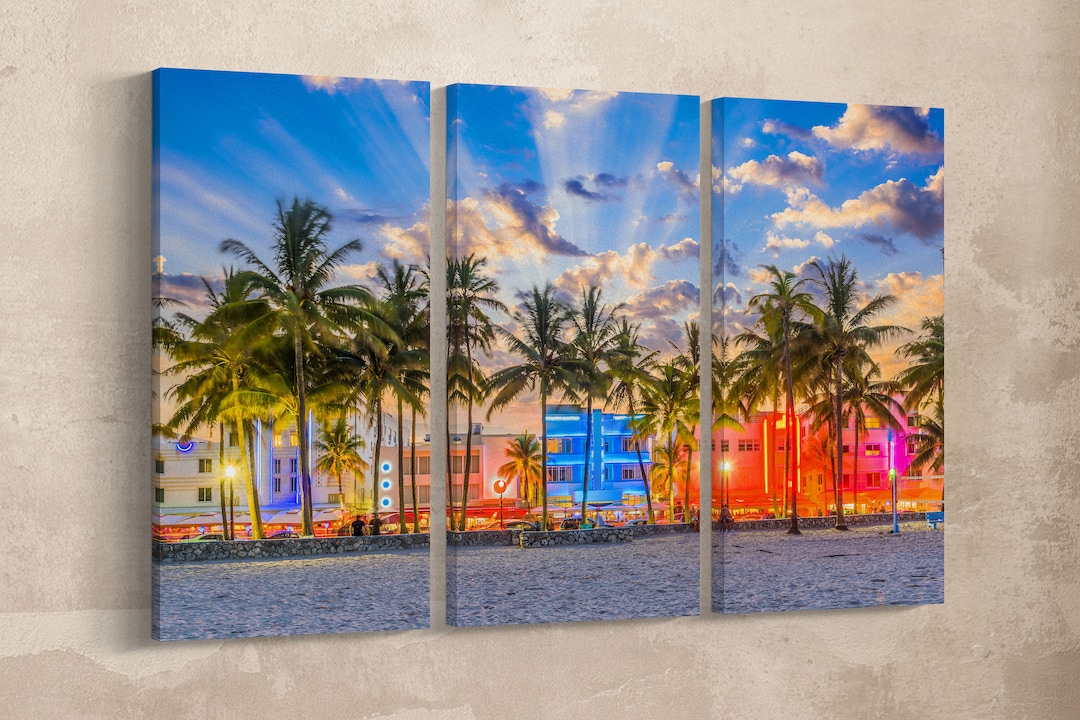 Miami Beach South Beach Sunset in Ocean Drive Canvas Leather Print ...