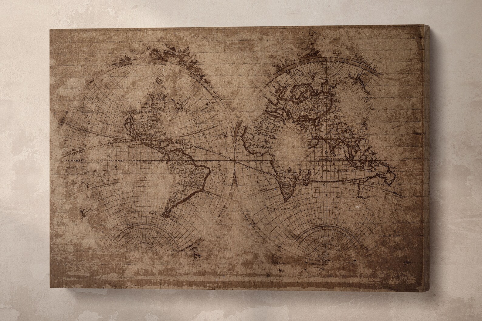 Old Brown World Map in Hemispheres Leather Print/Large World | Etsy