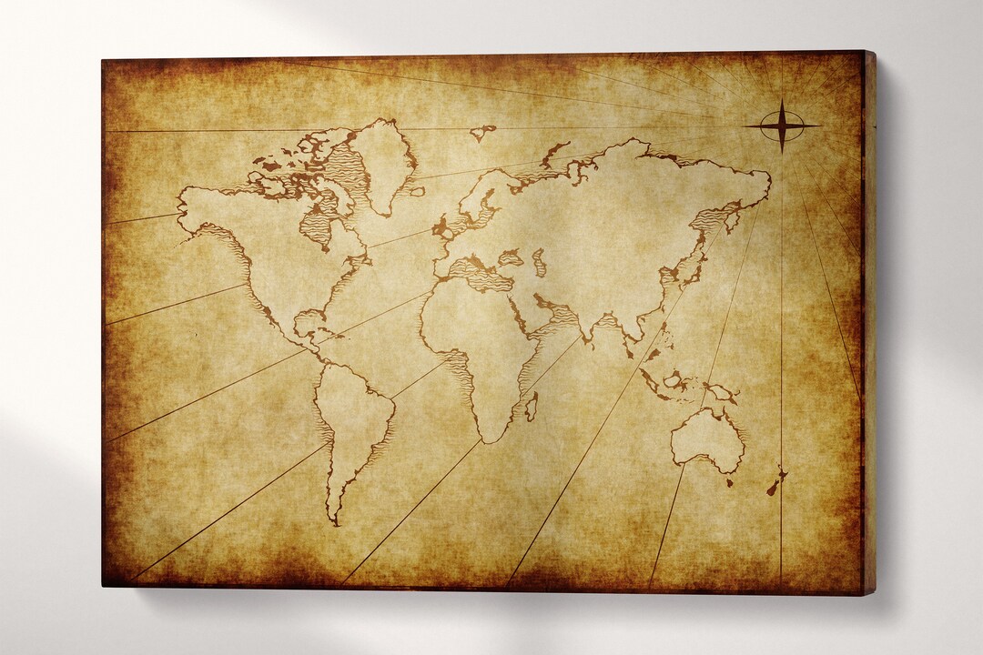 Old Grunge Artistic Beige World Map Canvas Eco Leather Print, Made in ...