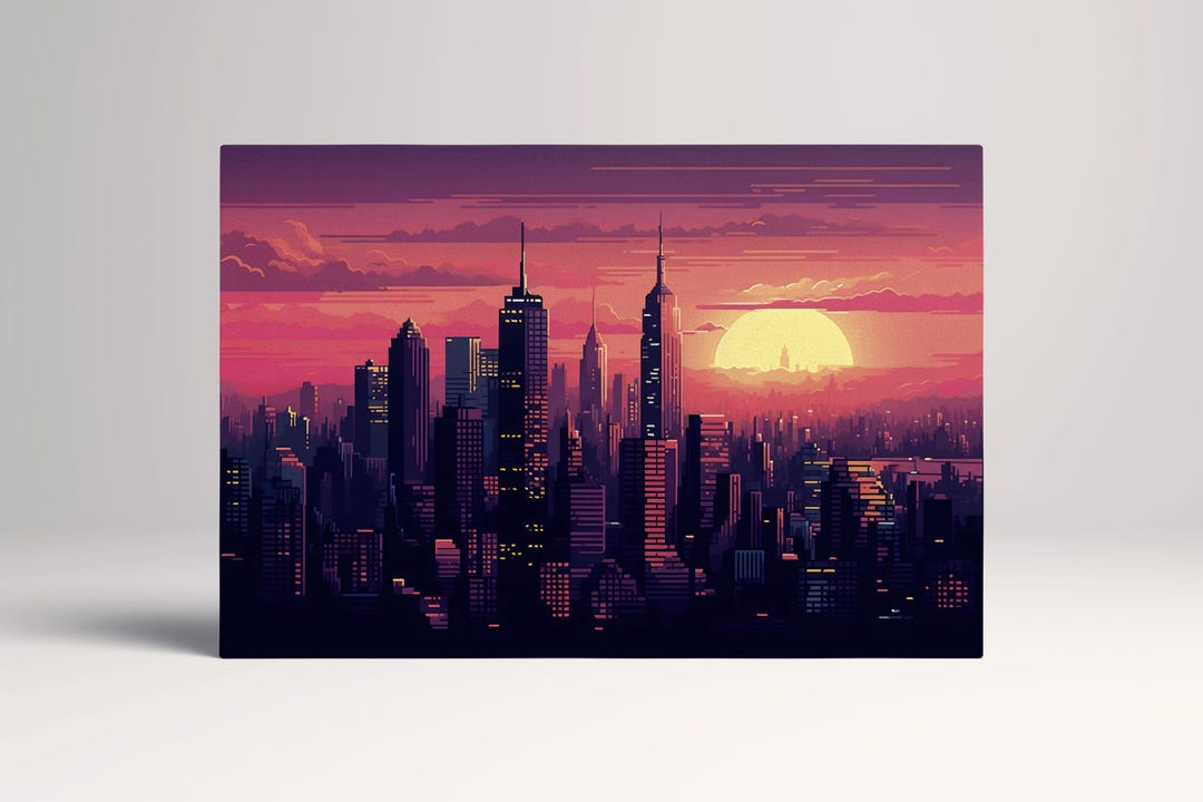 New York Sunset Skyline 8-bit Pixel Art Wall Art Eco Leather Home Decor ...