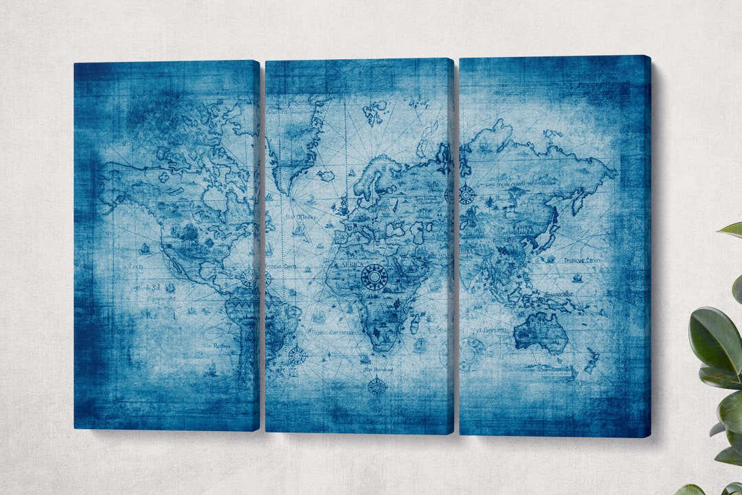 Blue Ancient World Map Leather Print/large Wall Art/large Wall Decor ...