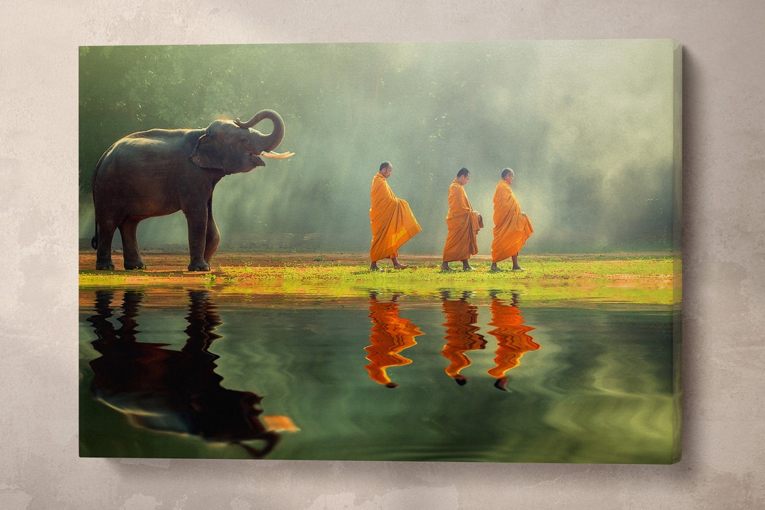 Elephant Walking With Buddhist Monks Canvas Wall Art Eco Leather Print ...