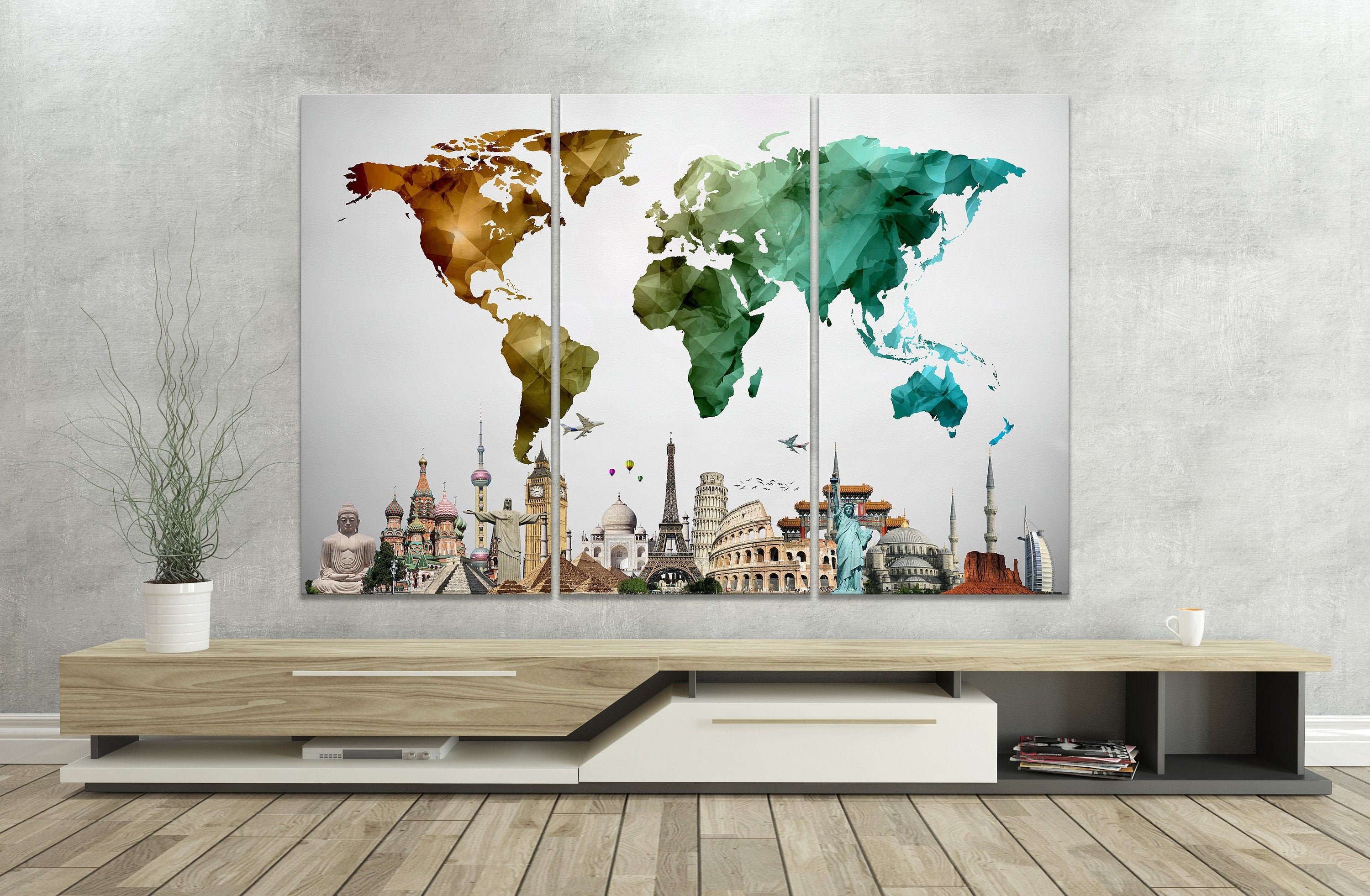 LARGE Color World Map Vector with Monuments Leather Print/Large Wall ...