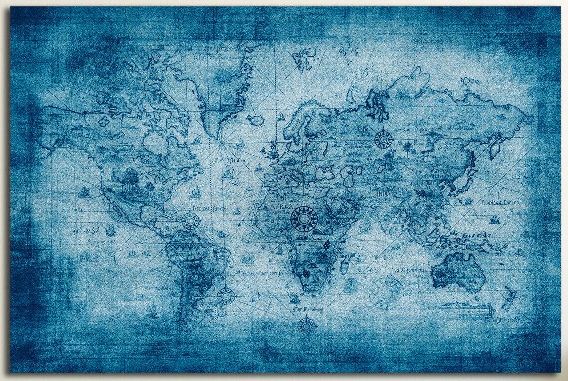Blue Ancient World Map Leather Print/large Wall Art/large Wall - Etsy