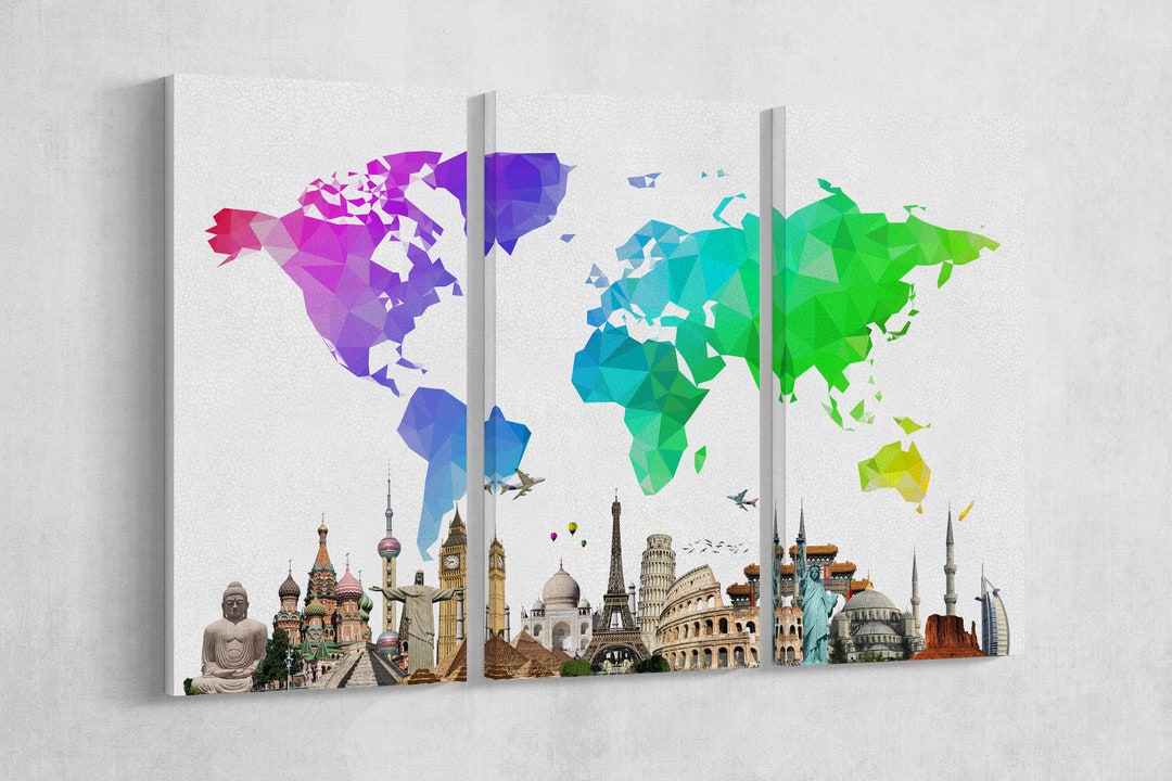 Large World Map With Monuments Leather Print/wall Art/white Wolrd Map ...