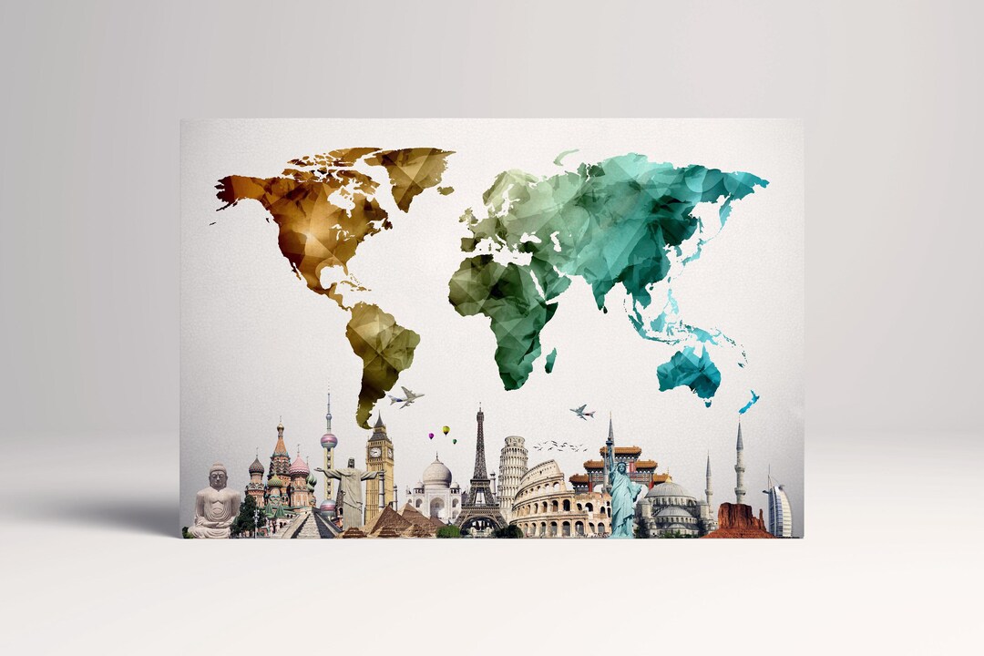 Monuments World Map Color Vector PETA Approved Eco Leather Multi Panel ...