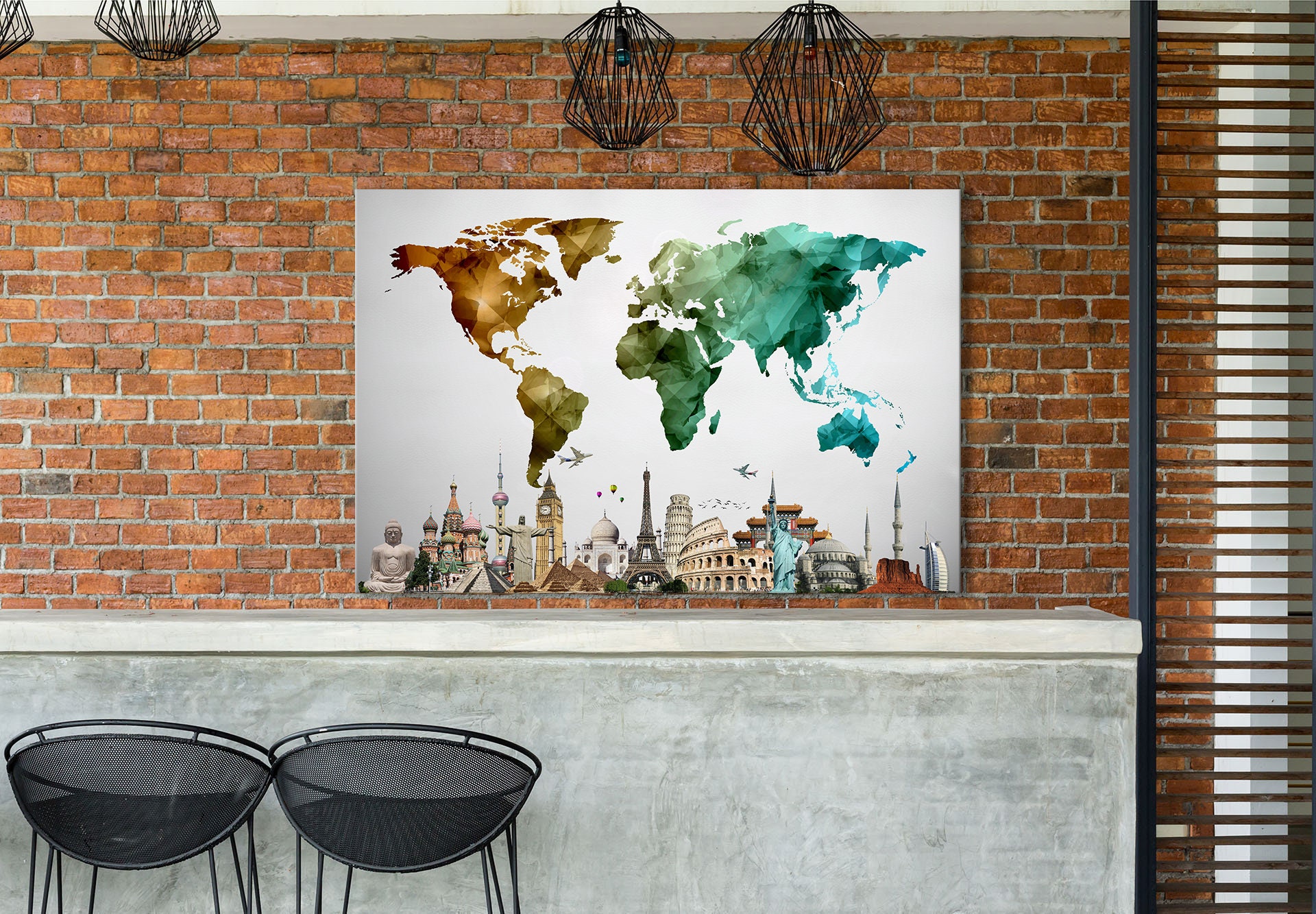 LARGE Color World Map Vector with Monuments Leather Print/Large Wall ...