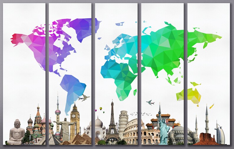 Large World Map With Monuments Leather Print/Wall Art/White | Etsy