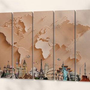 Bronze World Map With Monuments 3D Effect Leather Print/large World Map ...
