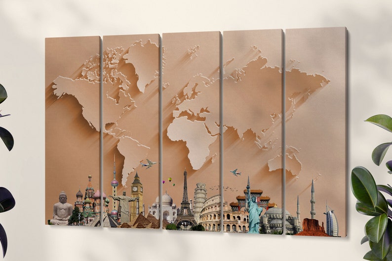 Bronze World Map With Monuments 3D Effect Leather Print/large - Etsy
