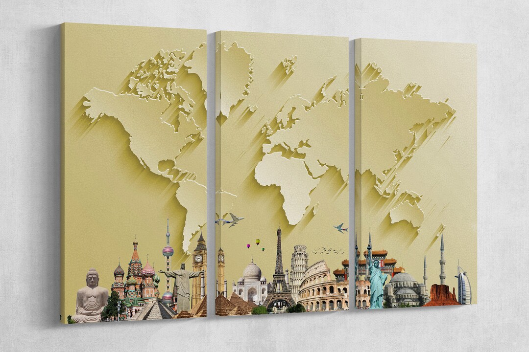 Gold World Map With Monuments 3D Effect Leather Print/large World Map ...