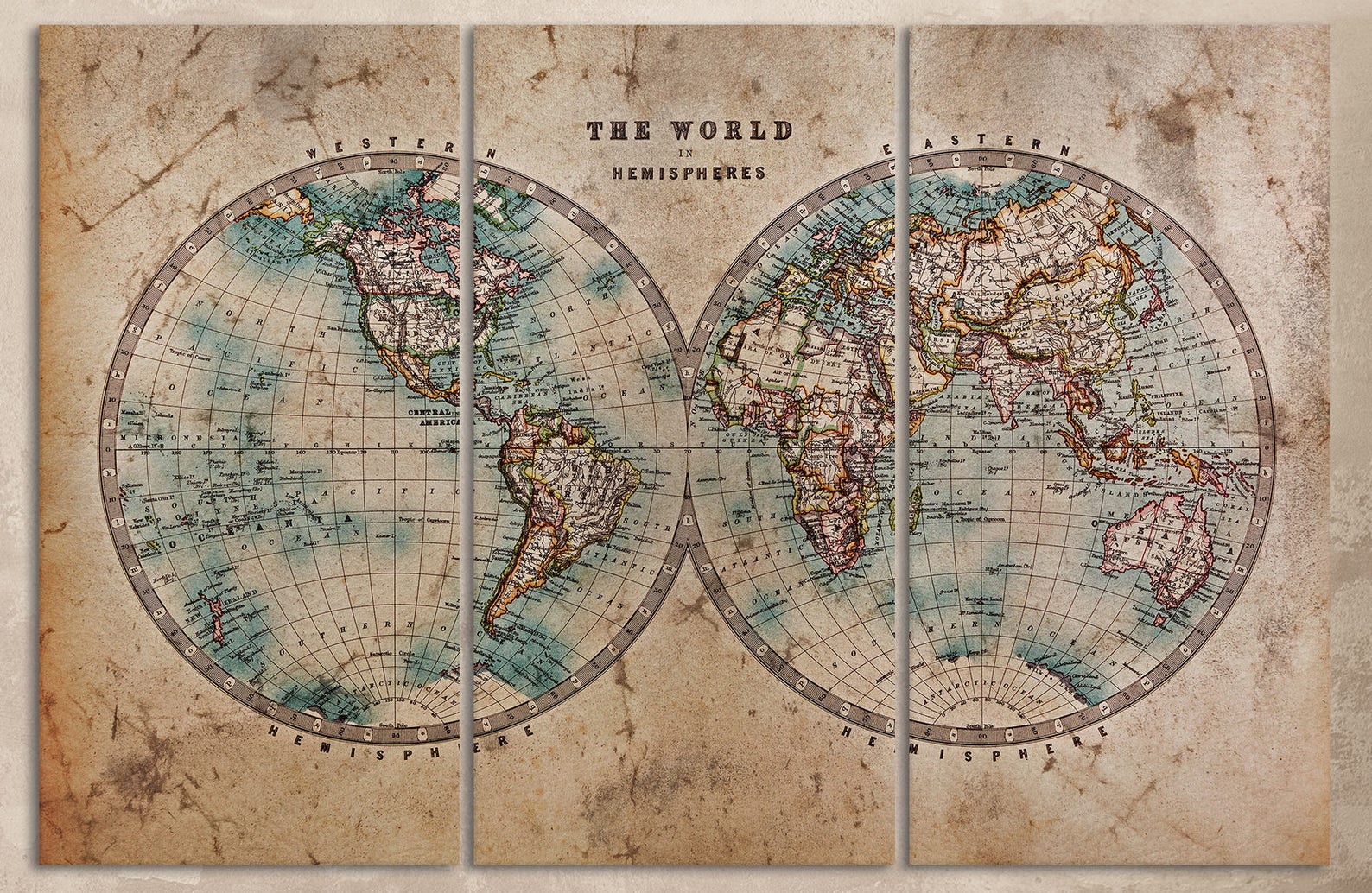 Large World Map World in Hemispheres Leather Print/vintage | Etsy