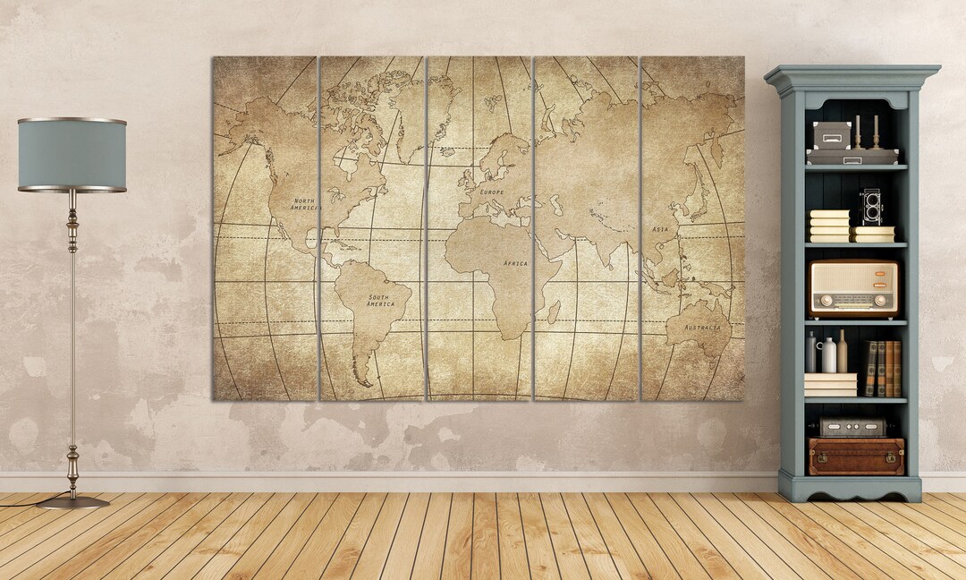 Vintage World Map With Continents Leather Print/multi Panel World Map ...