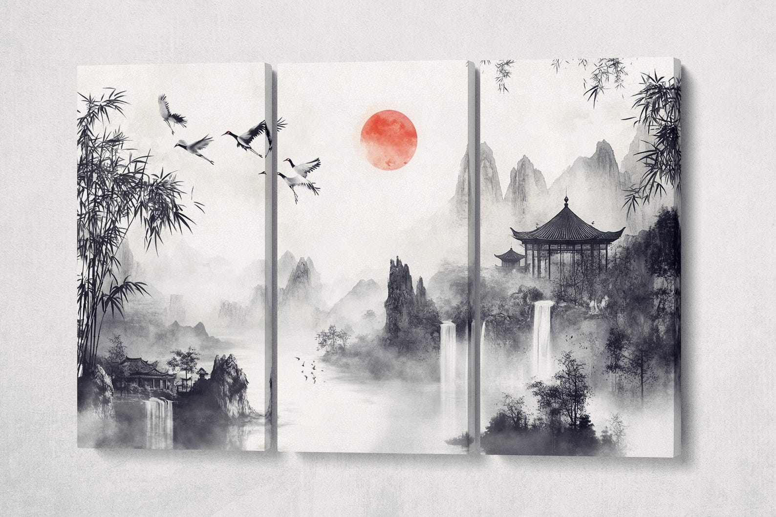 Chinese Ink Landscape Print: Cranes in Flight, Vegan Leather Wall Decor ...