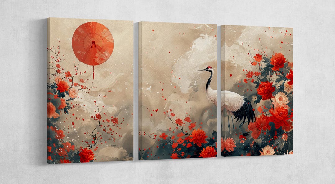 Asian Harmony in Bloom Crane Amid Chrysanthemums Wall Art Home Decor ...