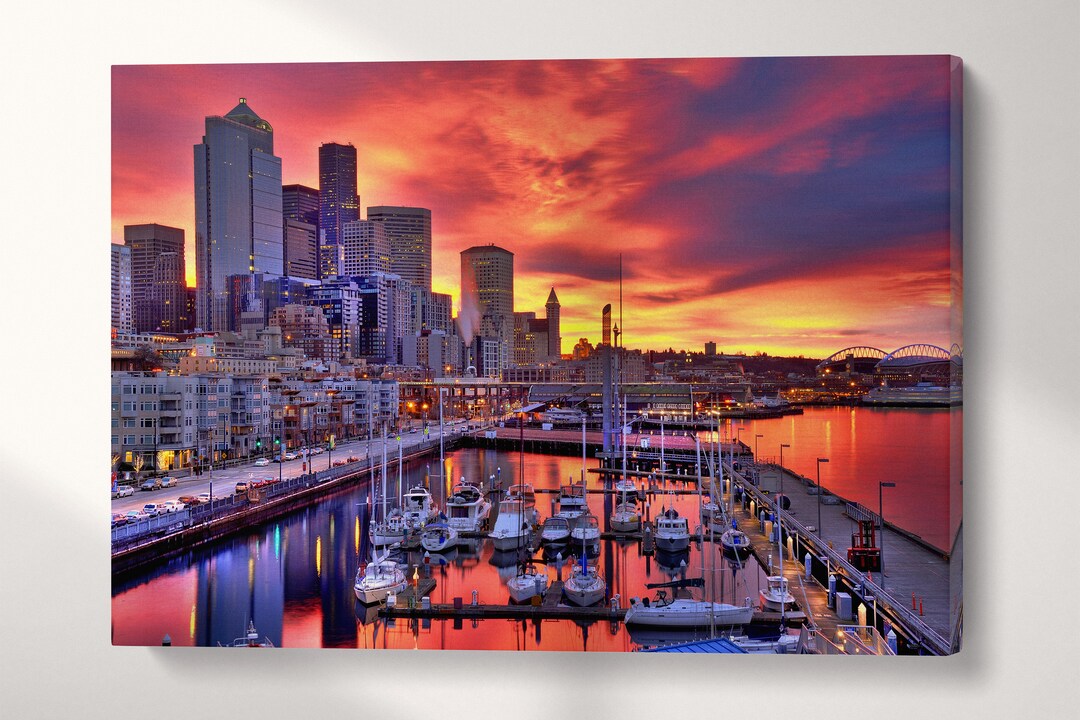 Seattle Skyline at Dawn Leather Print/seattle Canvas Print/large Wall ...