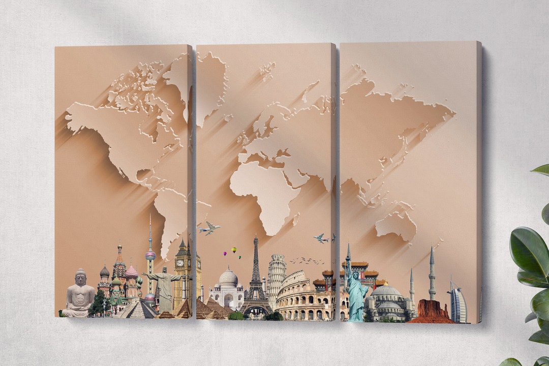 Bronze World Map With Monuments 3D Effect Leather Print/large World Map ...