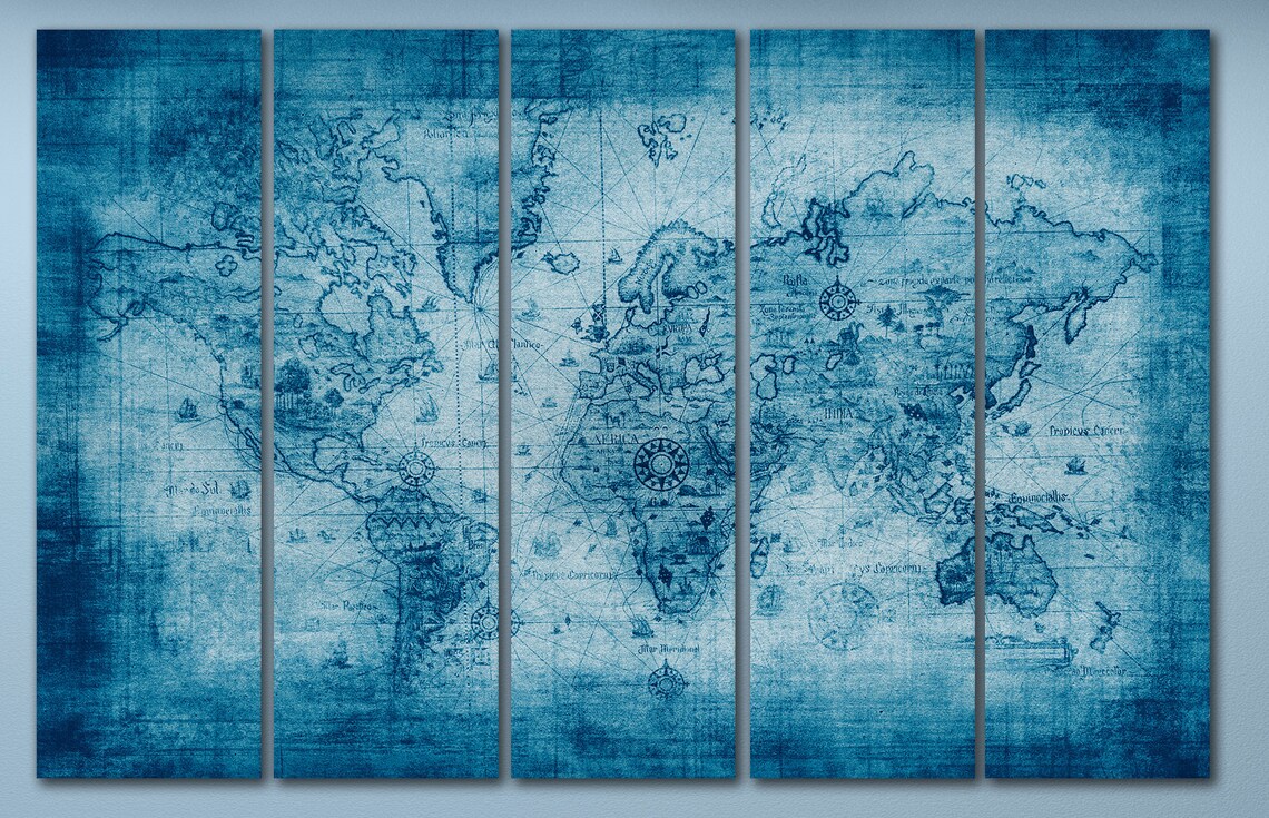 Blue Ancient World Map Leather Print/large Wall Art/large Wall - Etsy