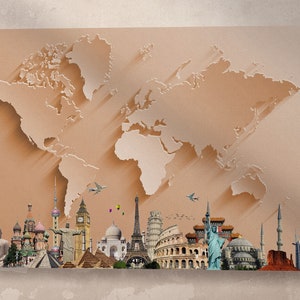 Bronze World Map With Monuments 3D Effect Leather Print/large World Map ...
