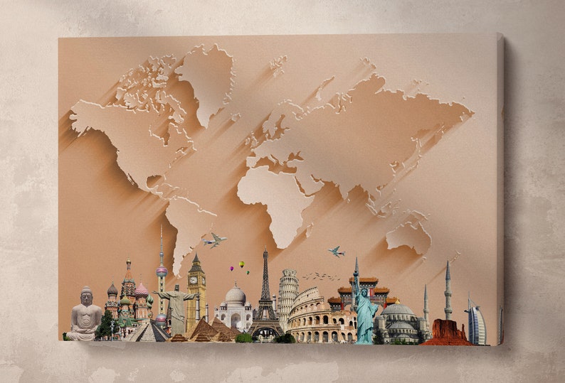 Bronze World Map With Monuments 3D Effect Leather Print/large - Etsy