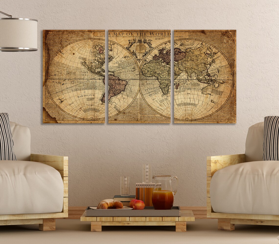 Vintage World Map Leather Print: Large Antique Style Wall Art - Etsy