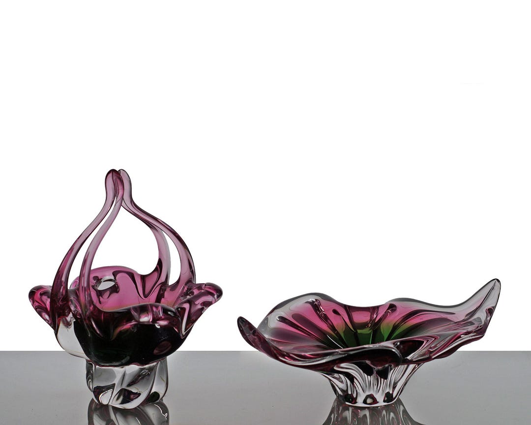 Two Bohemian CZECH 1960s Mid Century Pink With Green Glass Baskets ...