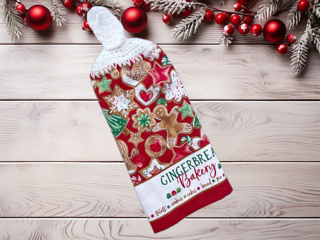 Holiday Hanging Hand Towels With Crochet Top, Gingerbread Kitchen ...