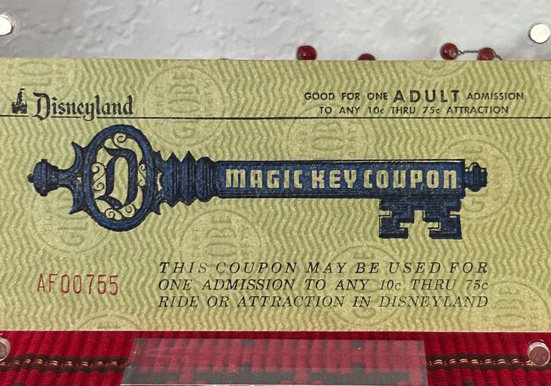 Original Rare Disneyland Early 1960s Magic Key Coupon Ticket in A 4x6 Acrylic Frame With Stand ...