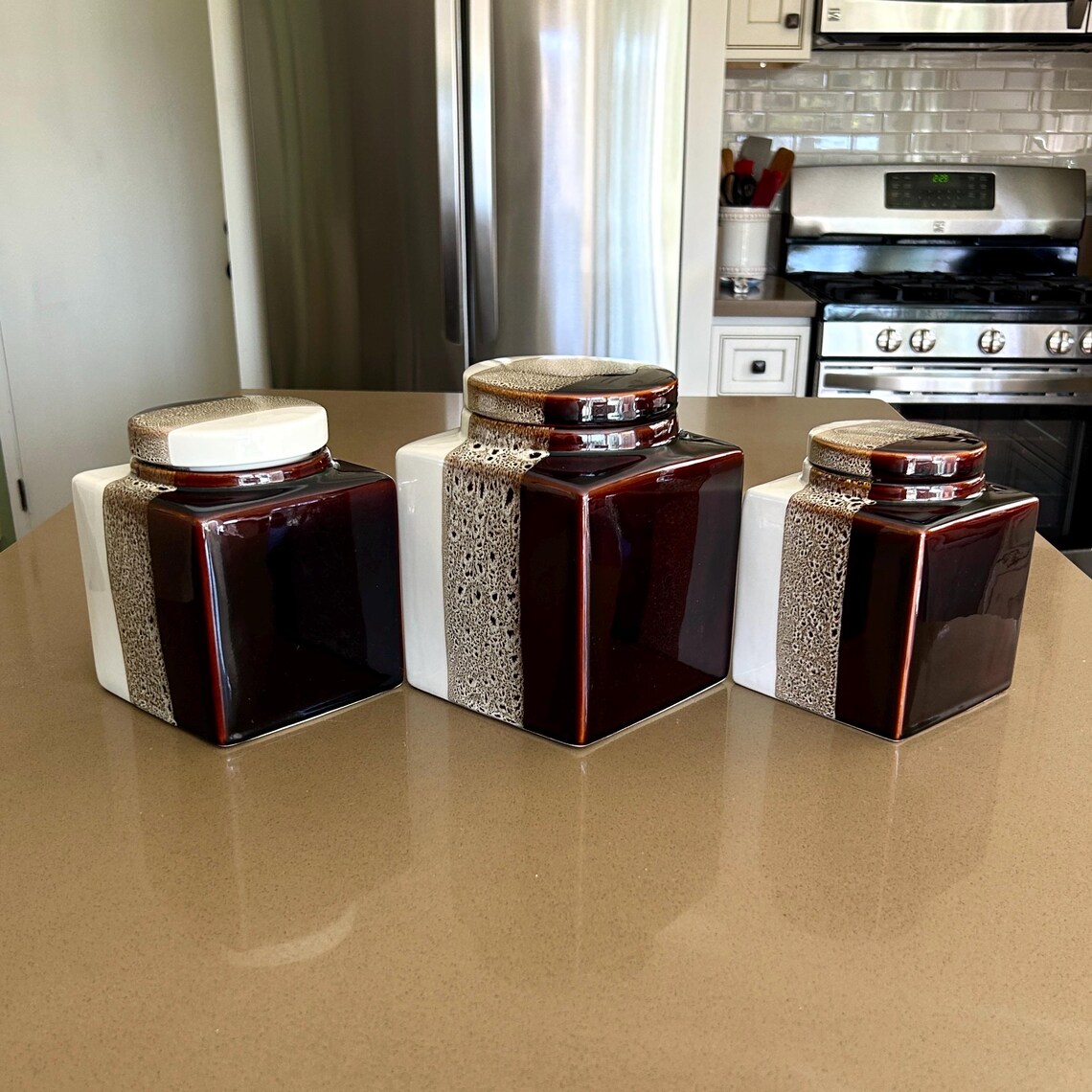 Pier 1 Imports Stoneware Canister Set – Tri-color Rustic Kitchen ...