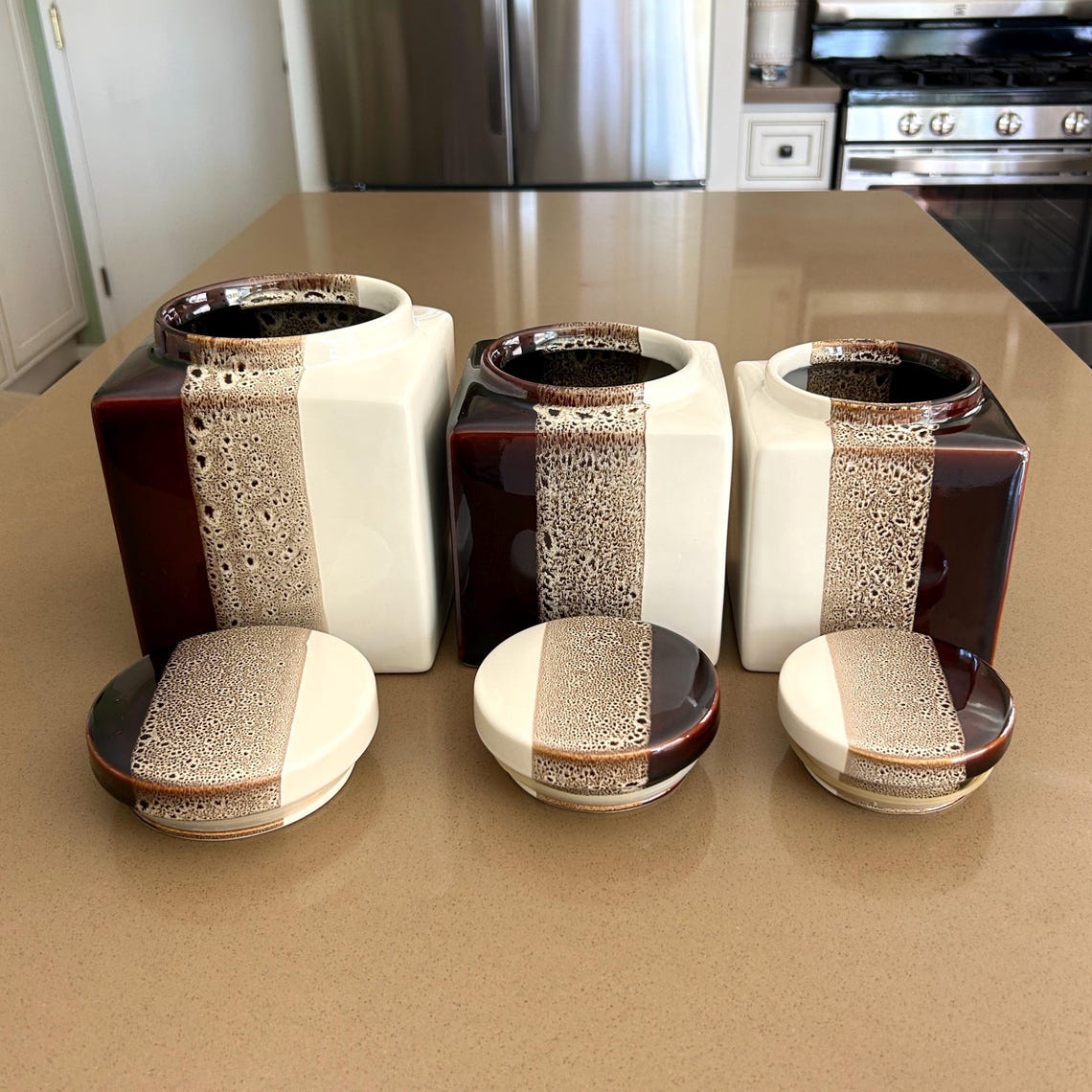 Pier 1 Imports Stoneware Canister Set – Tri-color Rustic Kitchen ...
