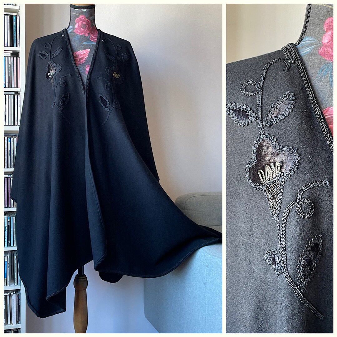 Vintage 80s/90s Black Wool Cape With Decorative Elements Appliqué - Etsy