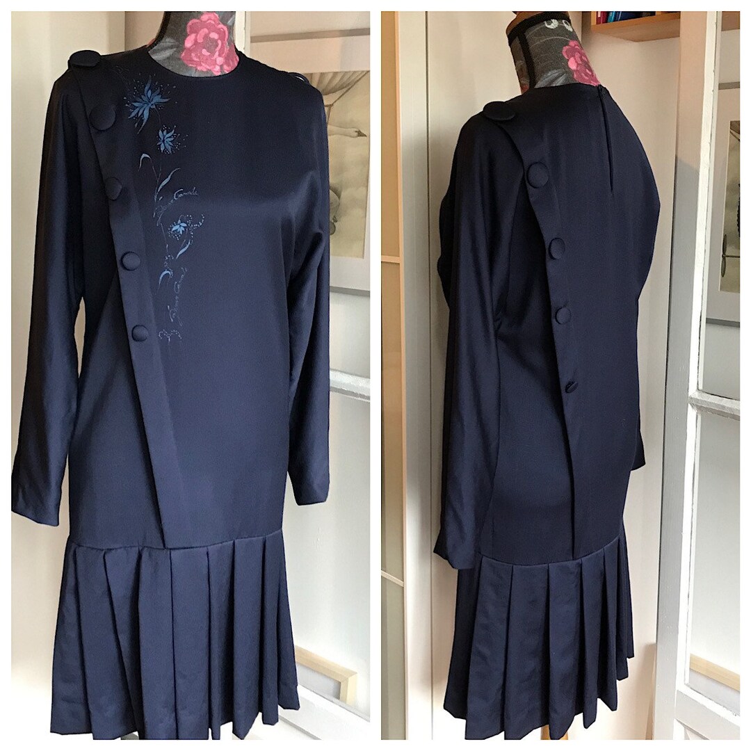 Vintage 80s Does 20s Blue Wool and Silk Dropped Waist Midi Dress With ...