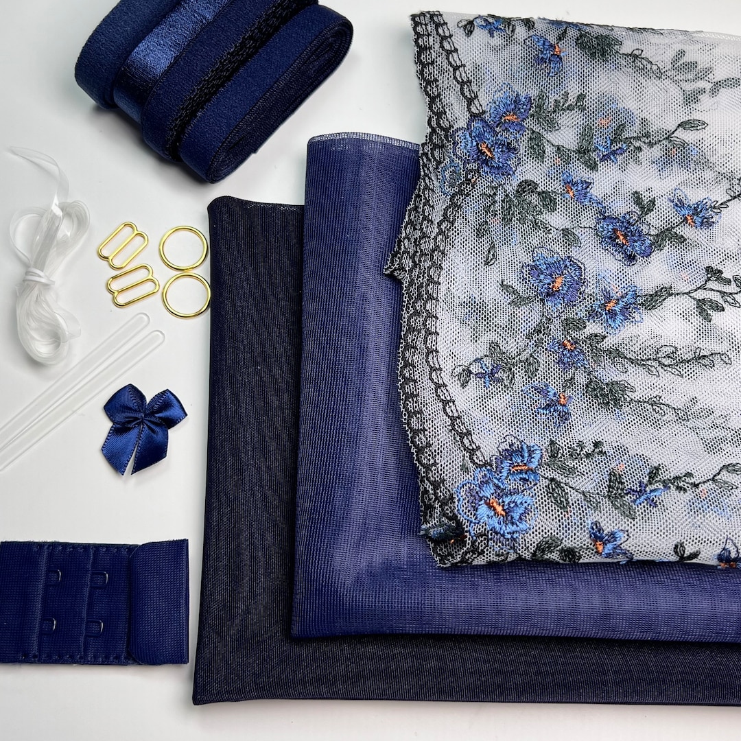 Bra Making Kit | Navy Base Bra Sewing Kit | Embroidery Lace Bralette ...