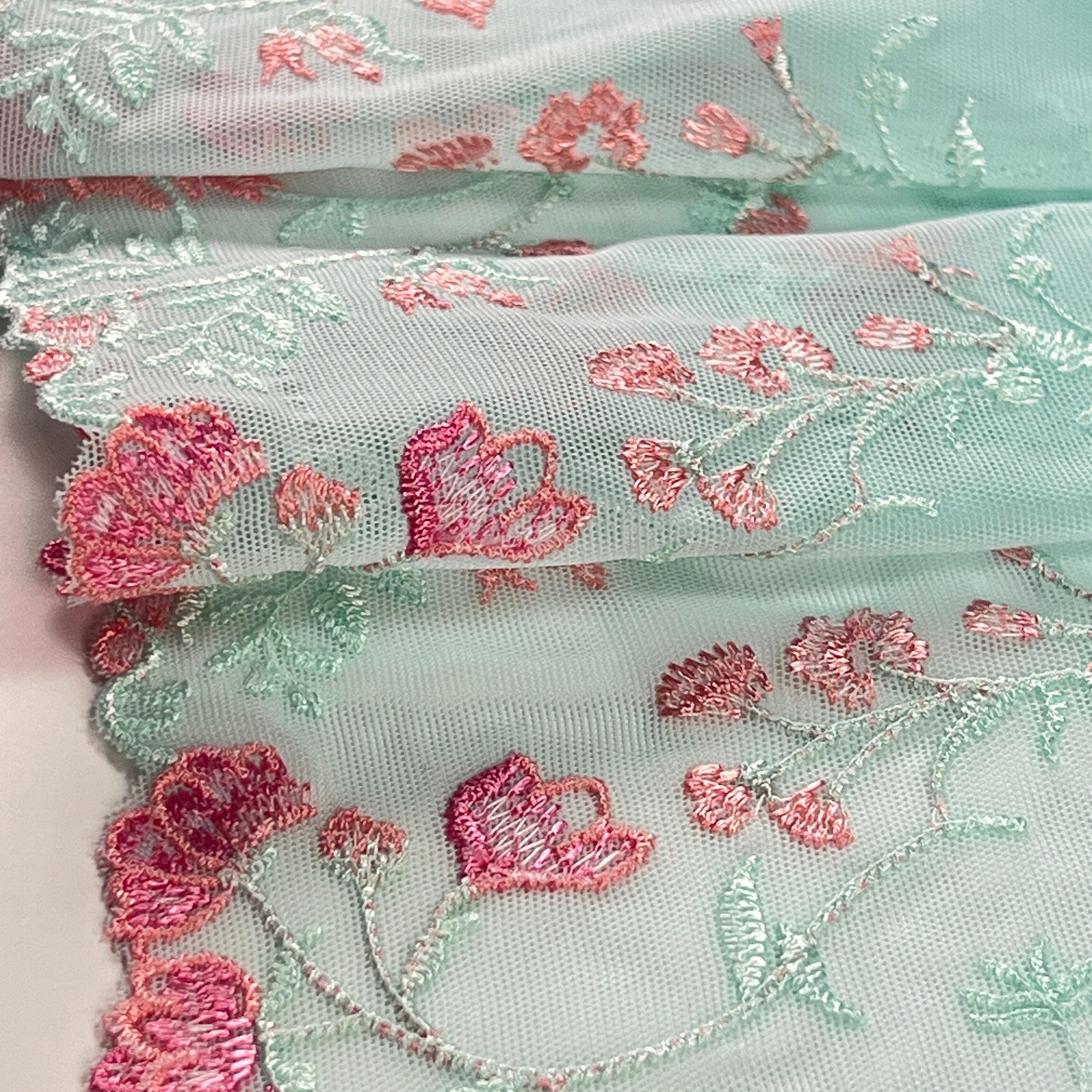 Mint Pink Floral Lace – Light Minty Gree Floral Embroidered Tulle Lace ...
