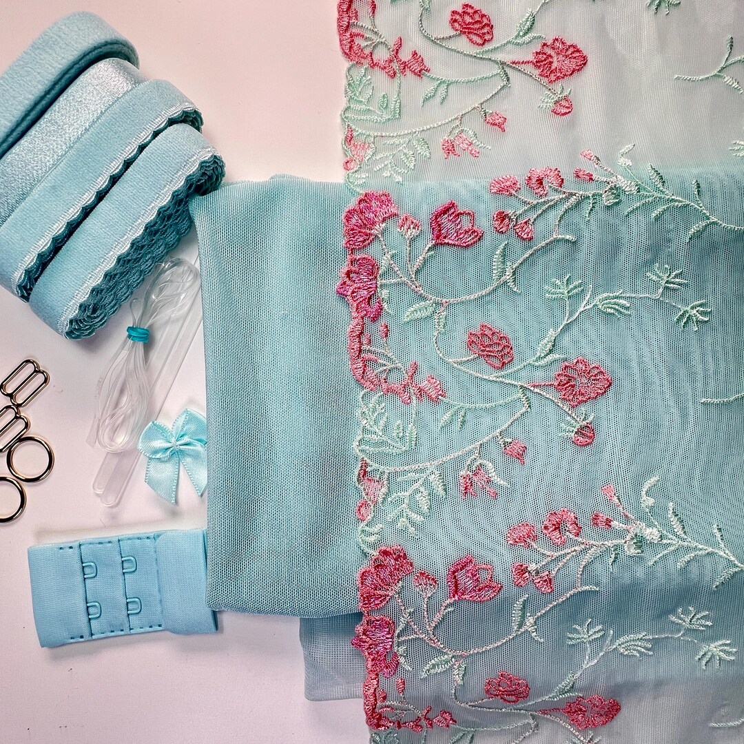 Mint Pink Floral Bra Making Kit | Bra Sewing Kit | Stretch Embroidery ...
