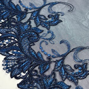 Navy Blue Embroidered Tulle Lace Trim | Baroque Floral Appliqué | Non ...