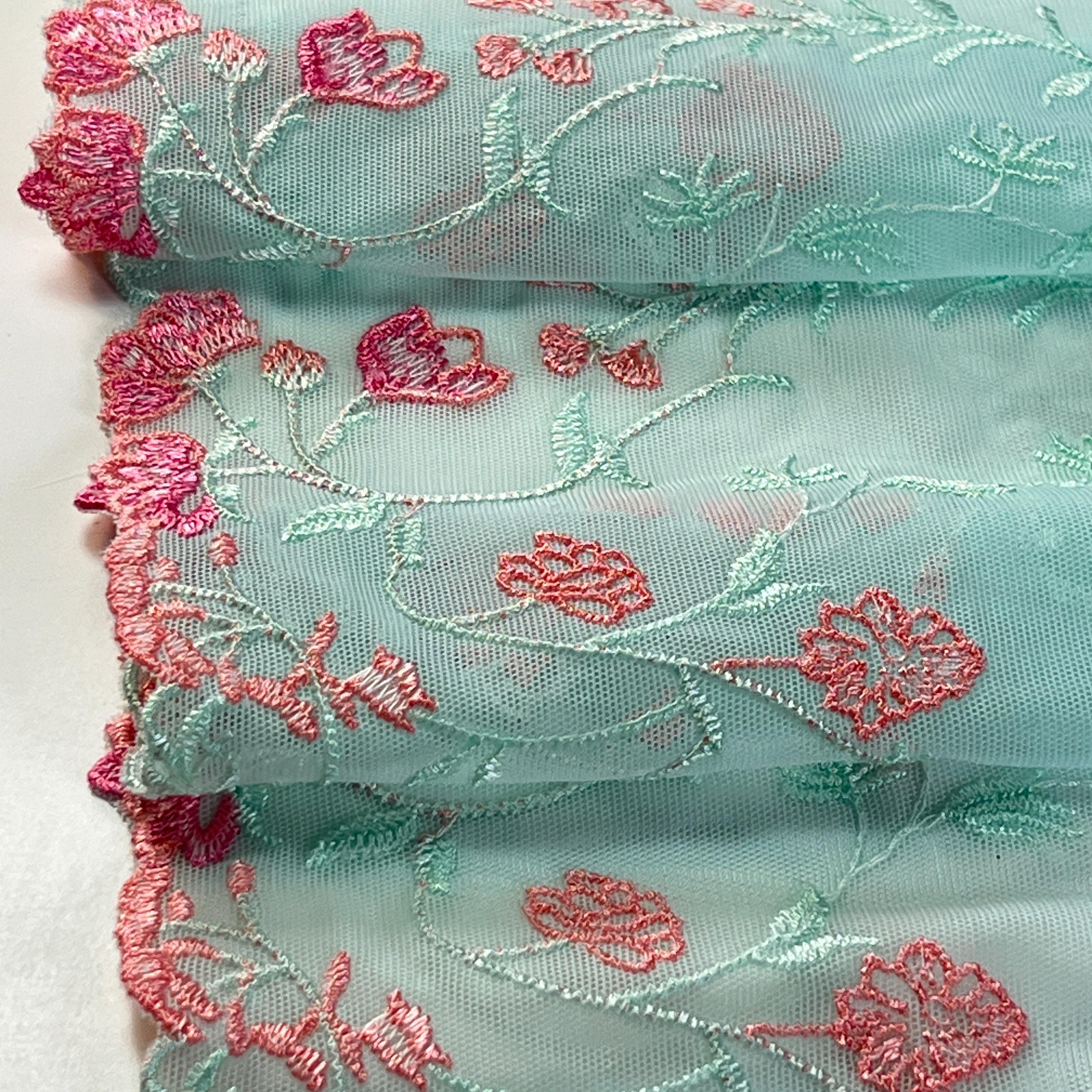 Mint Pink Floral Lace – Light Minty Gree Floral Embroidered Tulle Lace ...