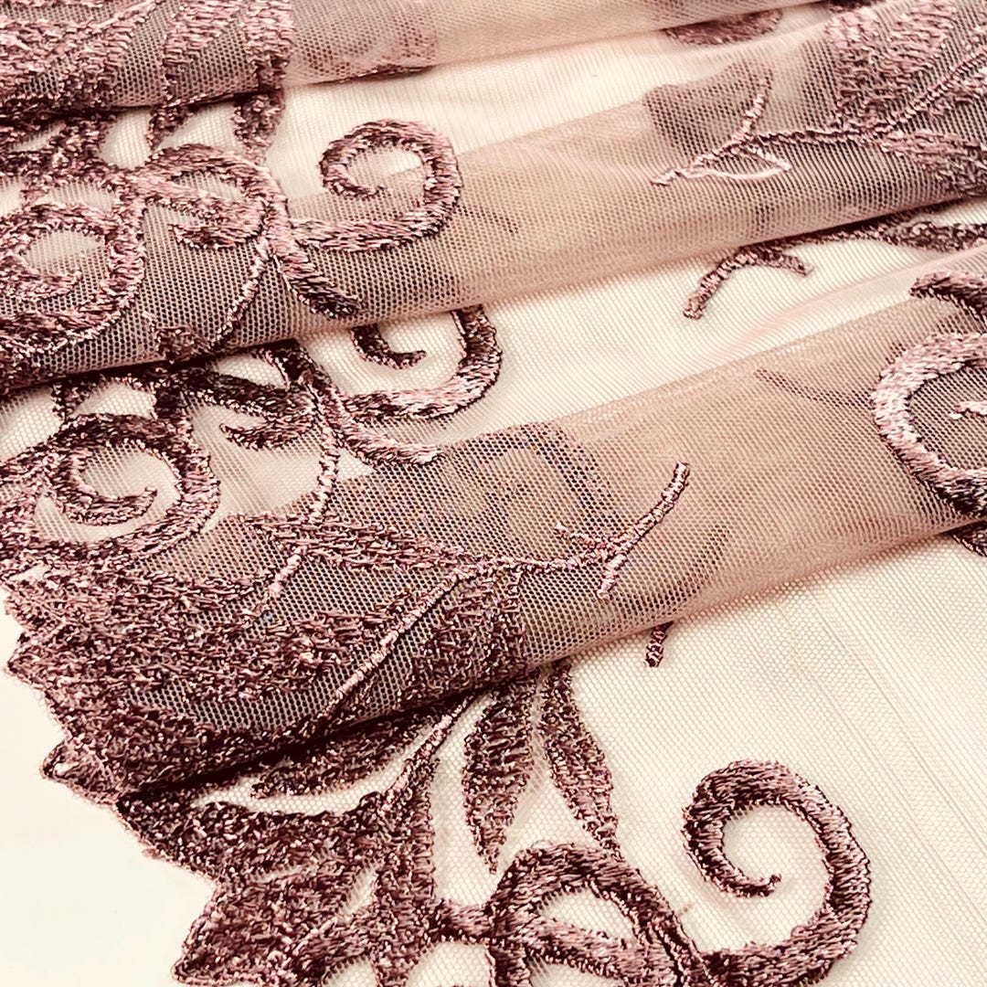 Rosewood Whirl Lace – Mauve Embroidered Tulle Lace With Swirls & Leaves ...