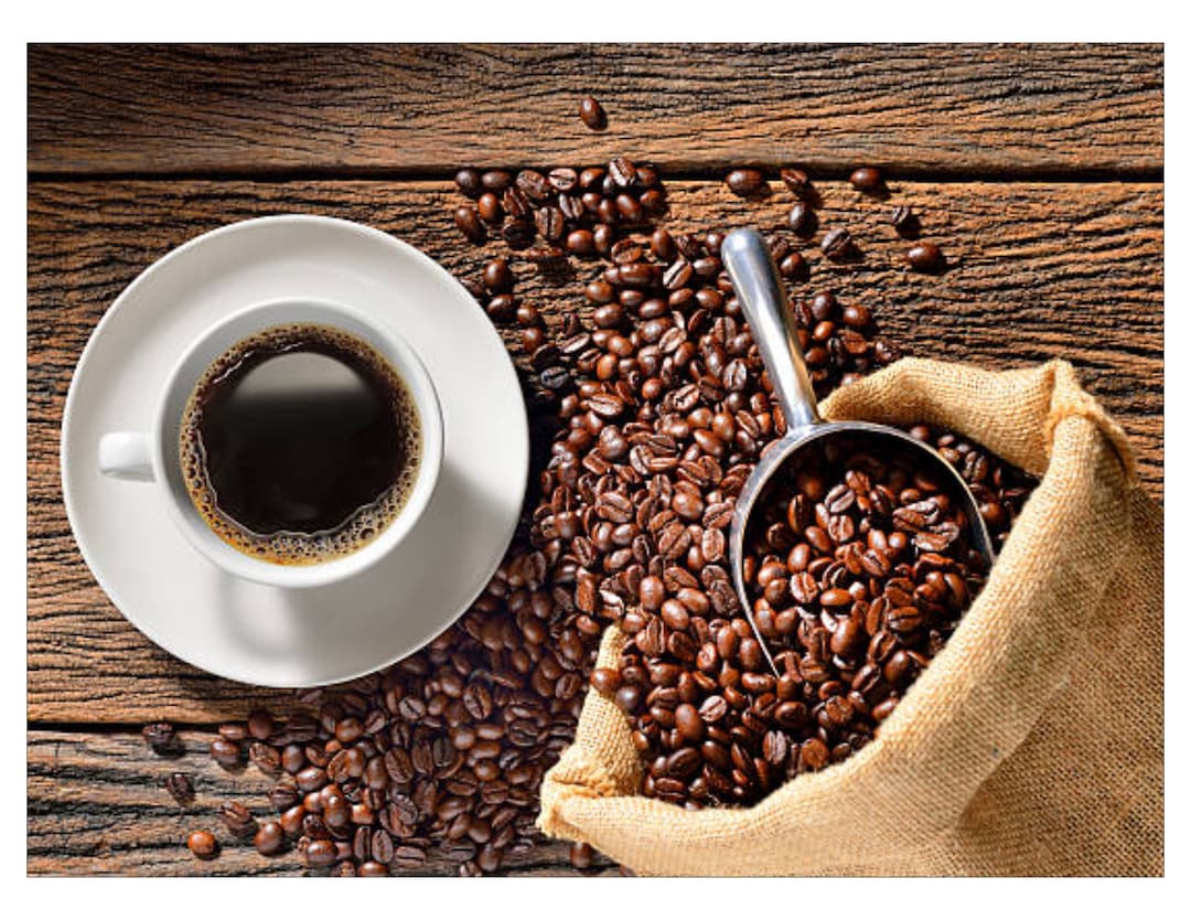 Coffee Themed Kitchen Decor, Glass Cutting Board, Burlap Bag and Coffee ...