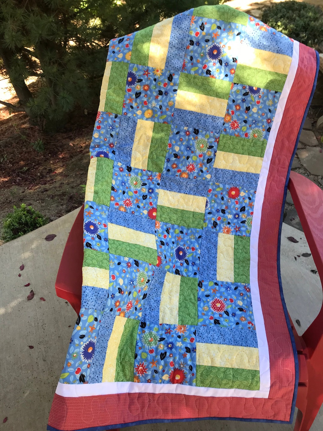 Blue Floral Lap Quilt, Patchwork, Yellow, Green - Etsy