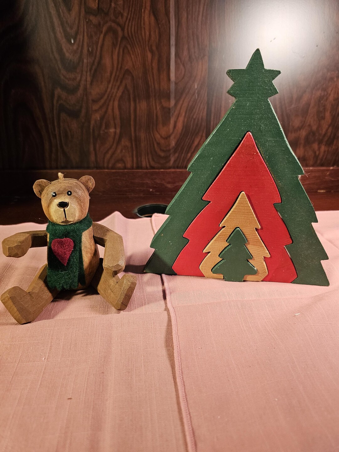 Vtg Christmas Tree Wood Interlocking Puzzle 8 Inch and Wooden Movable ...