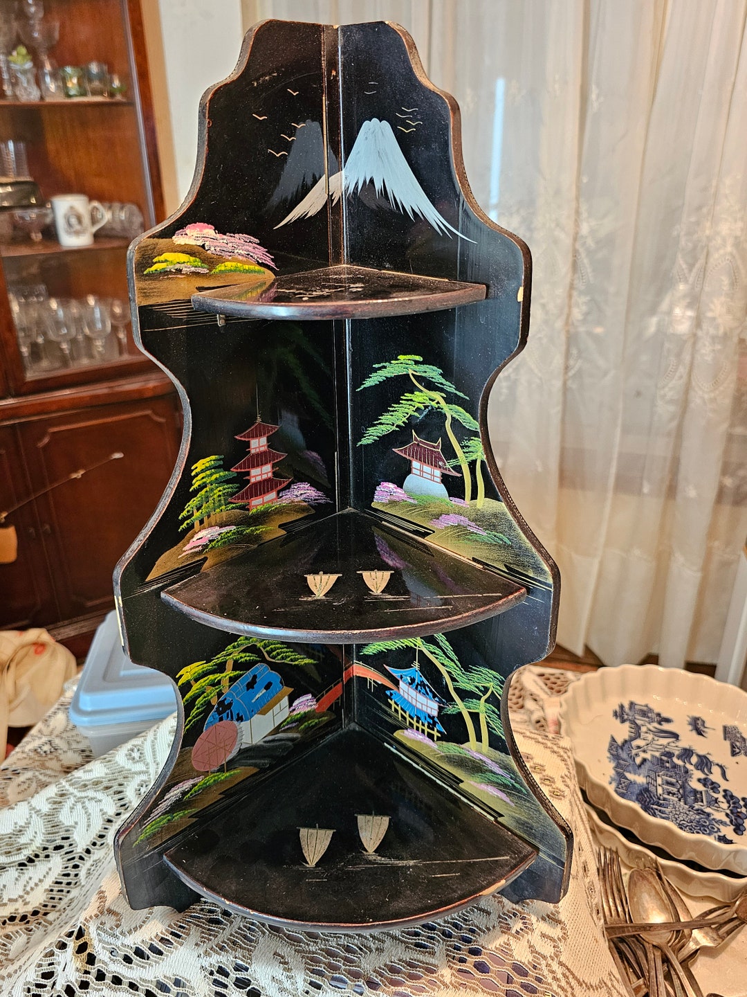 Japanese Lacquer Foldable Corner Shelf Stand Hand Painted Vintage 19 ...
