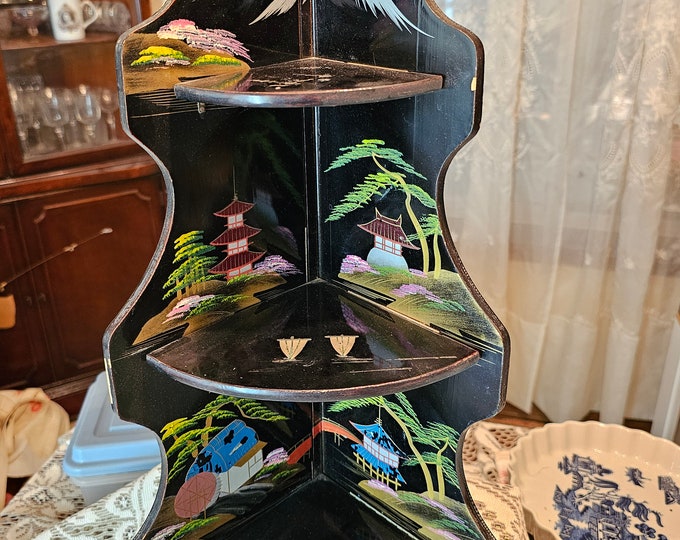 Japanese Lacquer Foldable Corner Shelf Stand Hand Painted Vintage 19 ...