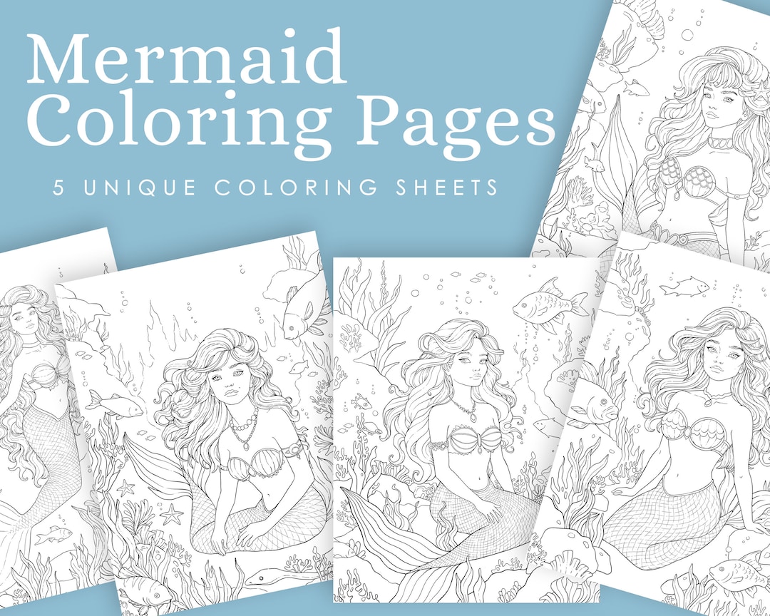 Mermaid Coloring Pages Bundle - 5 Printable Sheets for Adults & Teens ...