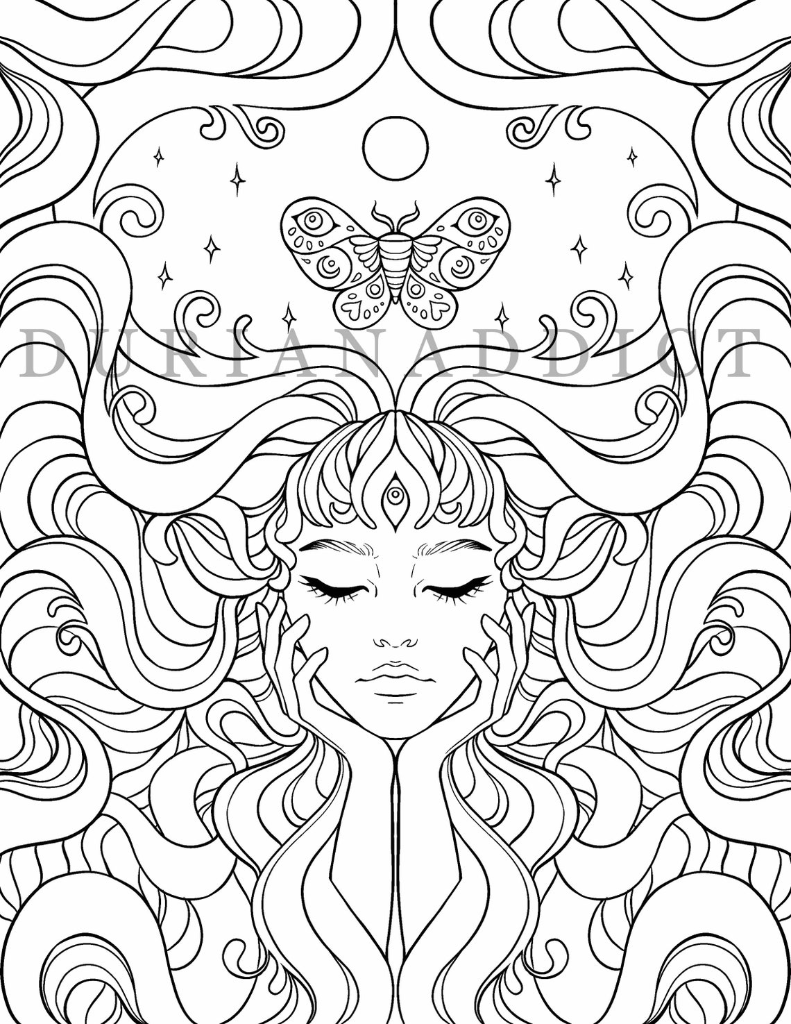 Moth & Full Moon Coloring Page - Hand-drawn Digital Download ...