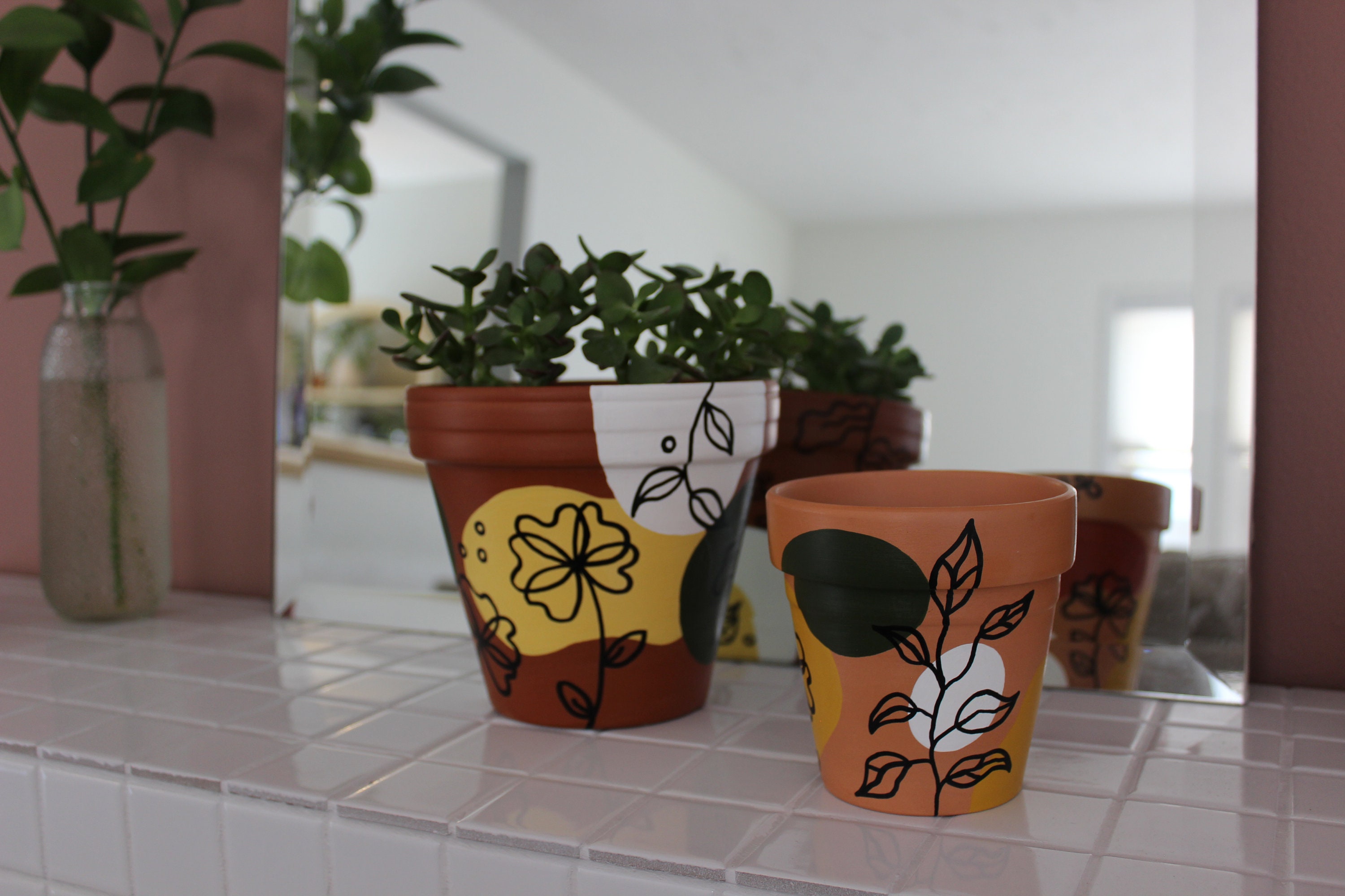 Hand-painted Decorative Flower Pots Abstract Botanical Line Art Potters ...