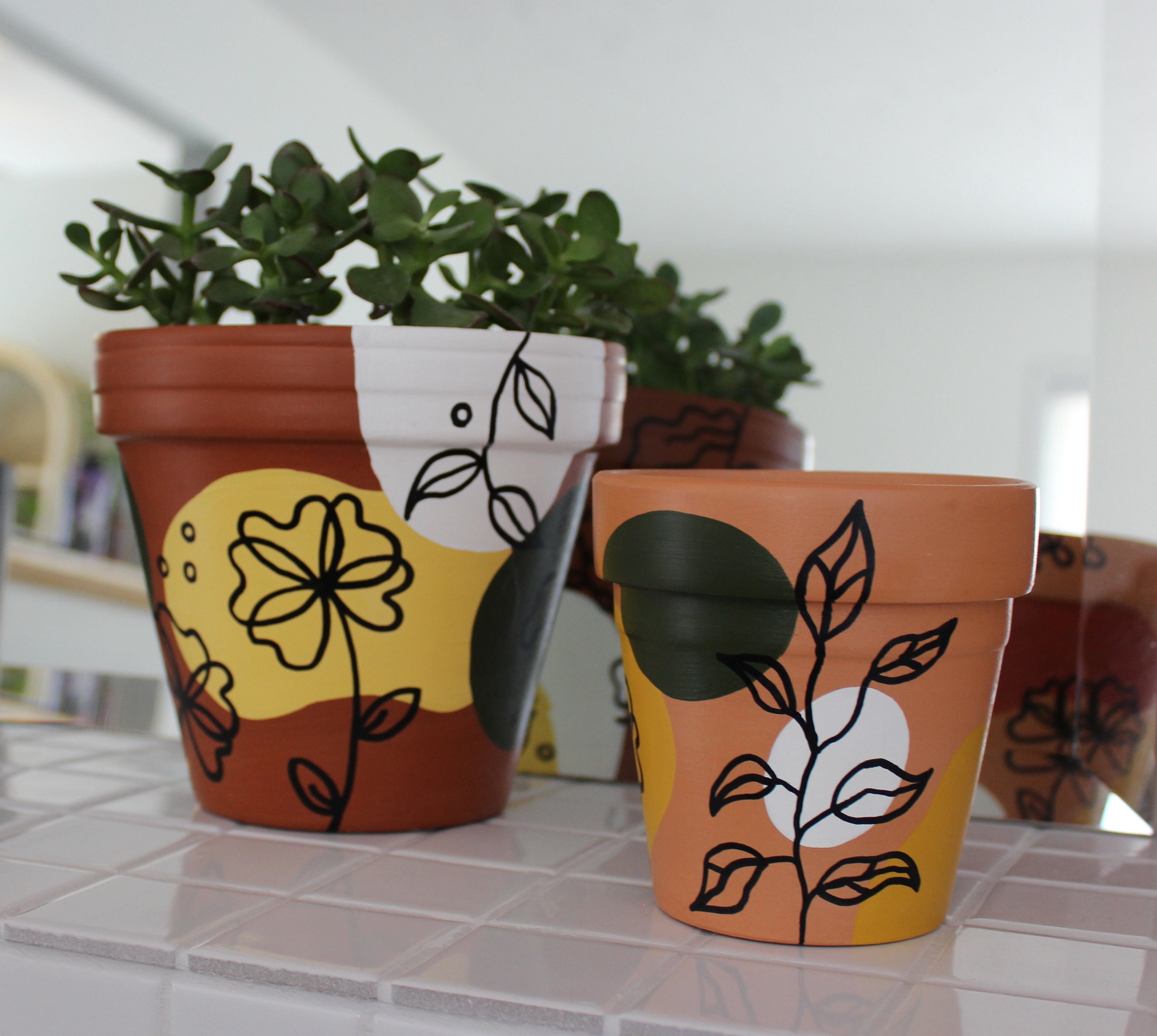 Hand-painted Decorative Flower Pots Abstract Botanical Line Art Potters ...
