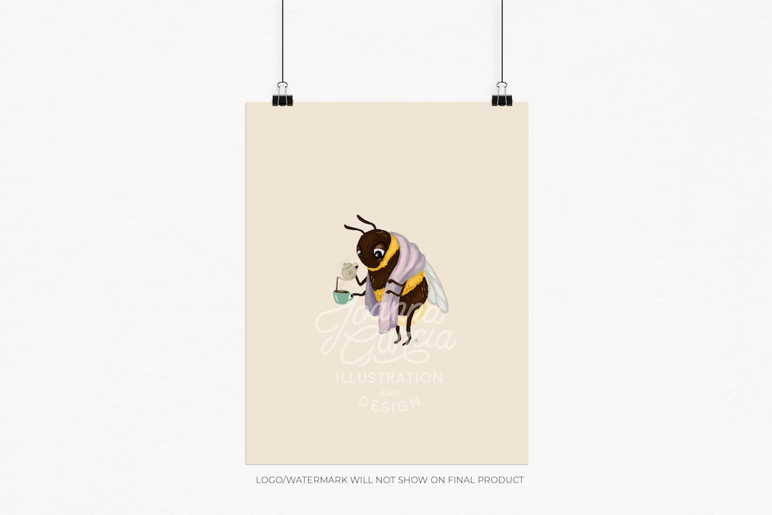 Bee With Tea Art Print, Bee Coffee Art, Bumblebee Illustration ...