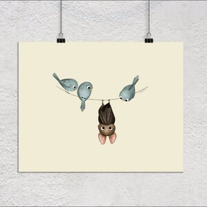 Baby Bat Art, Bat Art Print, Spooky Art, Birds on a Line, Halloween Art ...